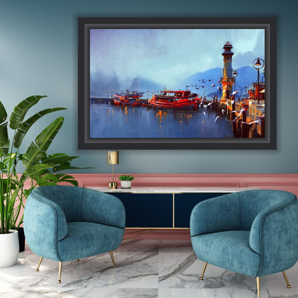 Fishing Boat Harbor Morning watercolor Digital Painting - Takhleeq Kar
